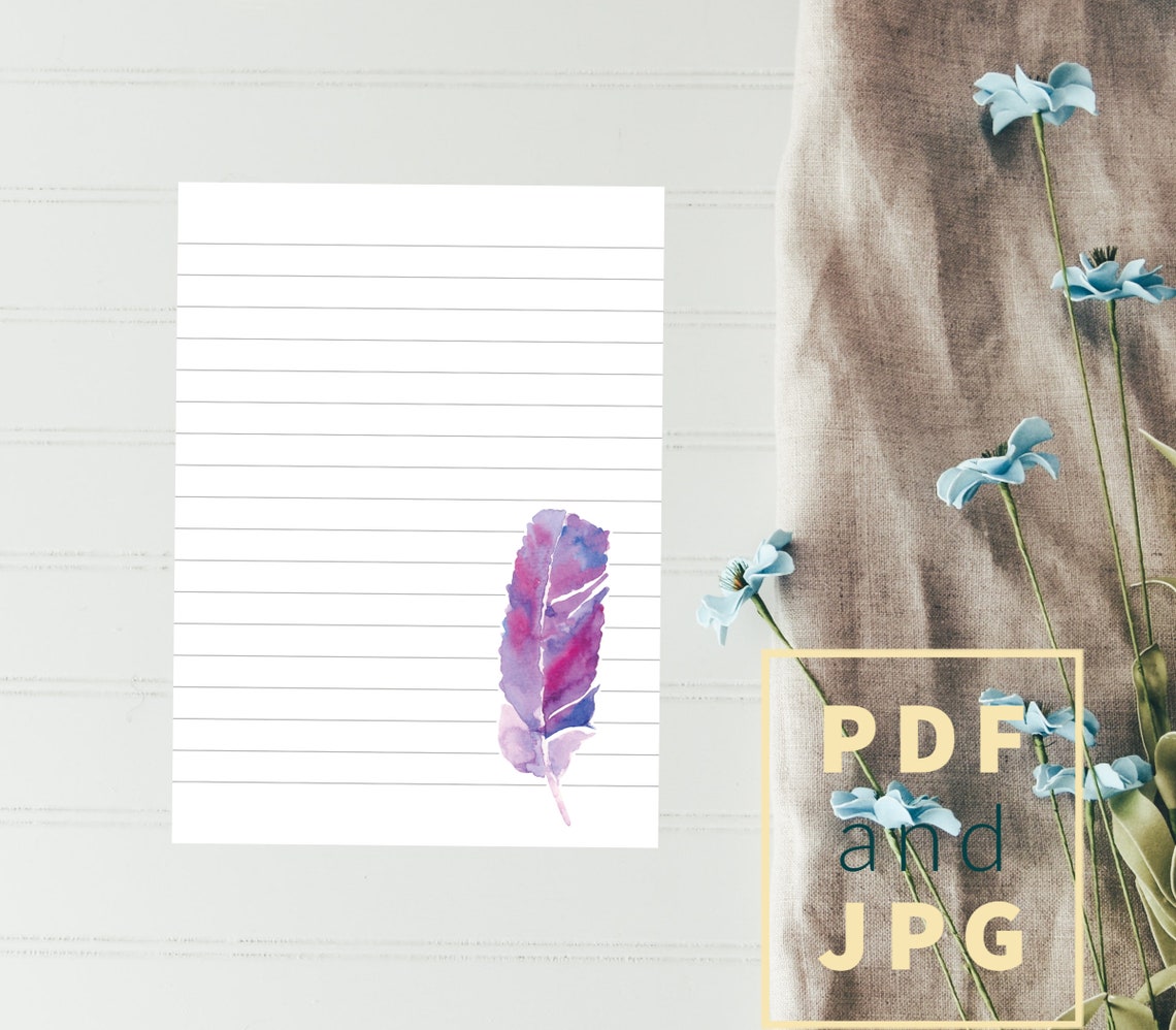 Watercolour Printable Letter Writing Paper, Bird Feather Stationery ...