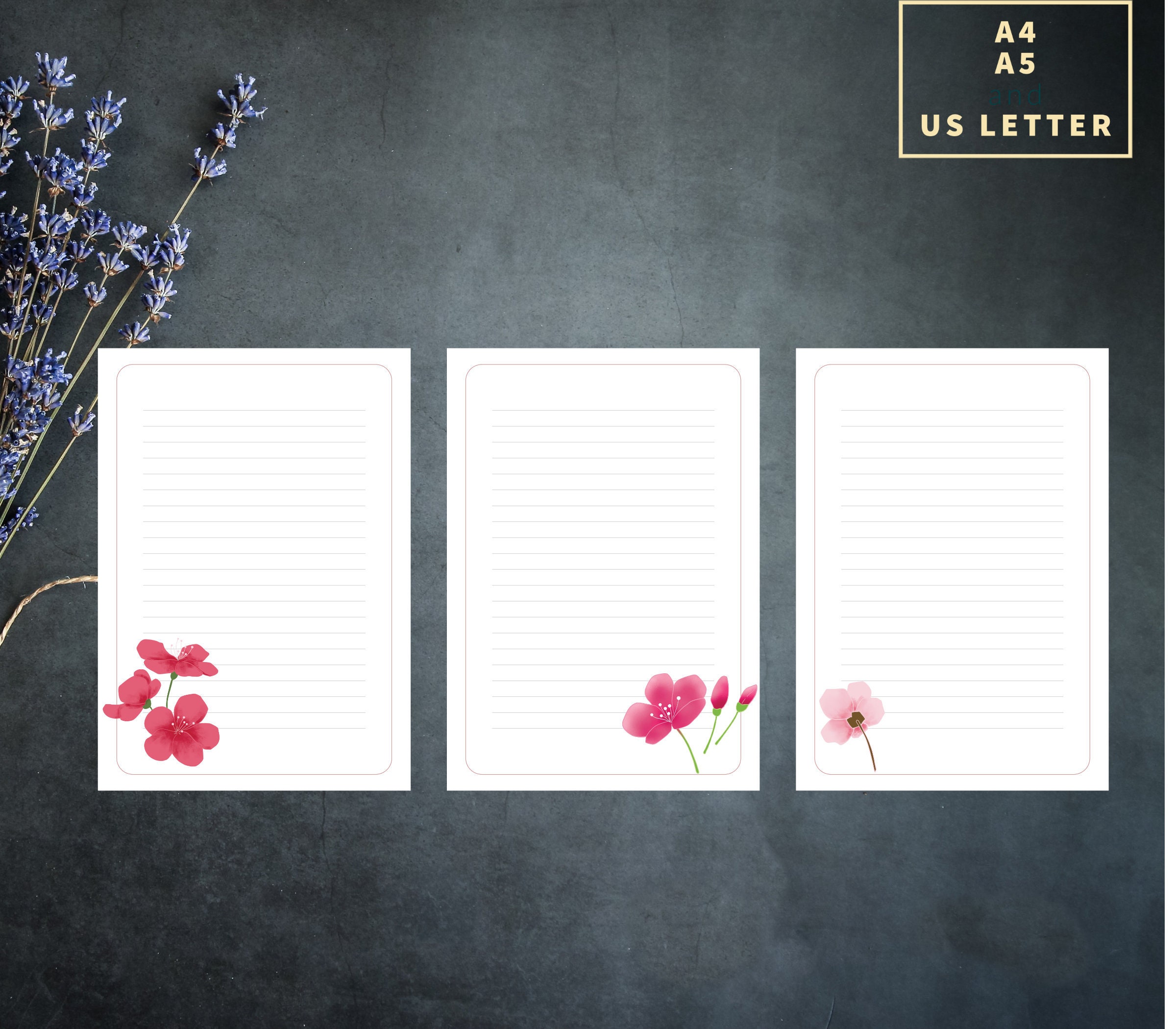3 Printable Letter Writing Paper, Digital Download Cherry Flower ...
