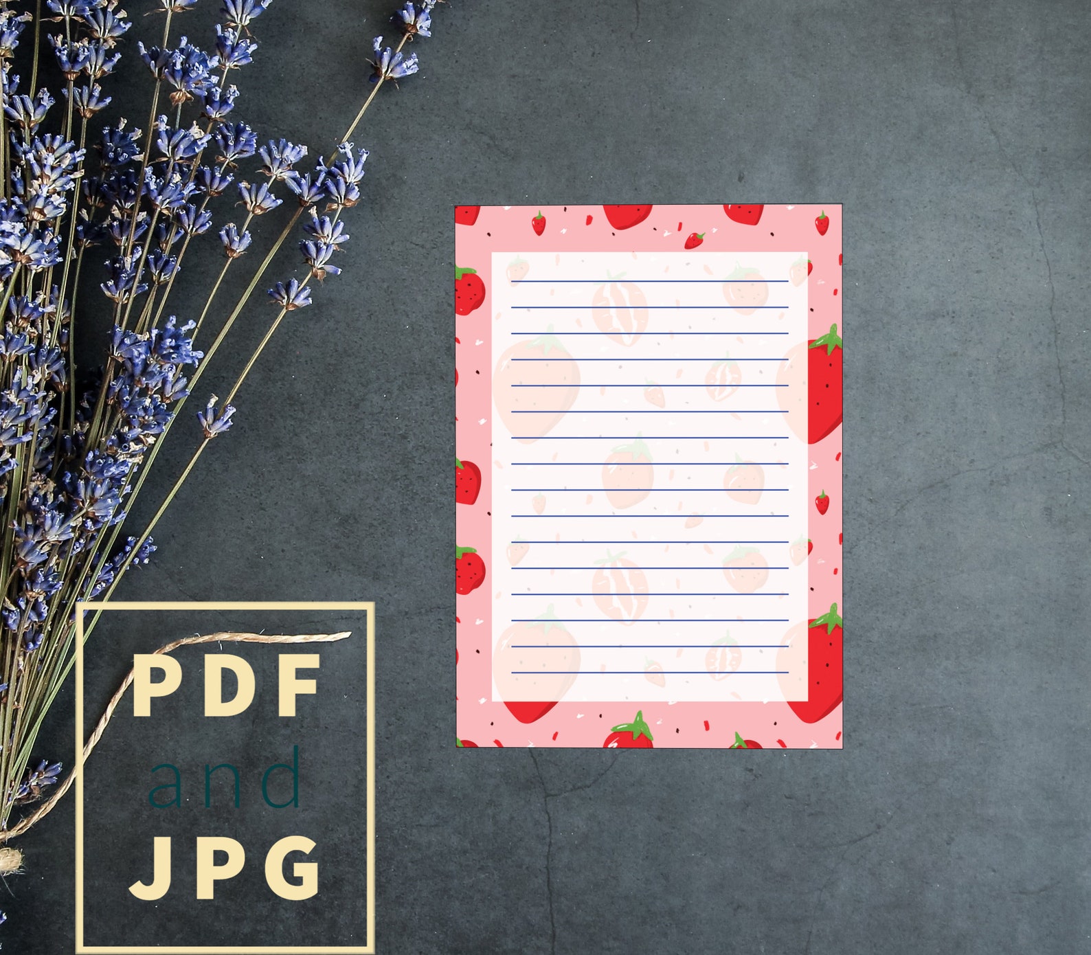 Strawberry Printable Letter Writing Paper, Digital Download Fruit ...