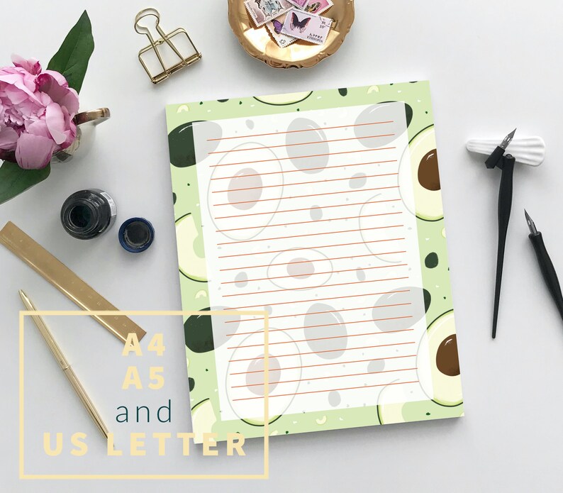Avocado Printable Letter Writing Paper, Digital Download Fruit Lined ...