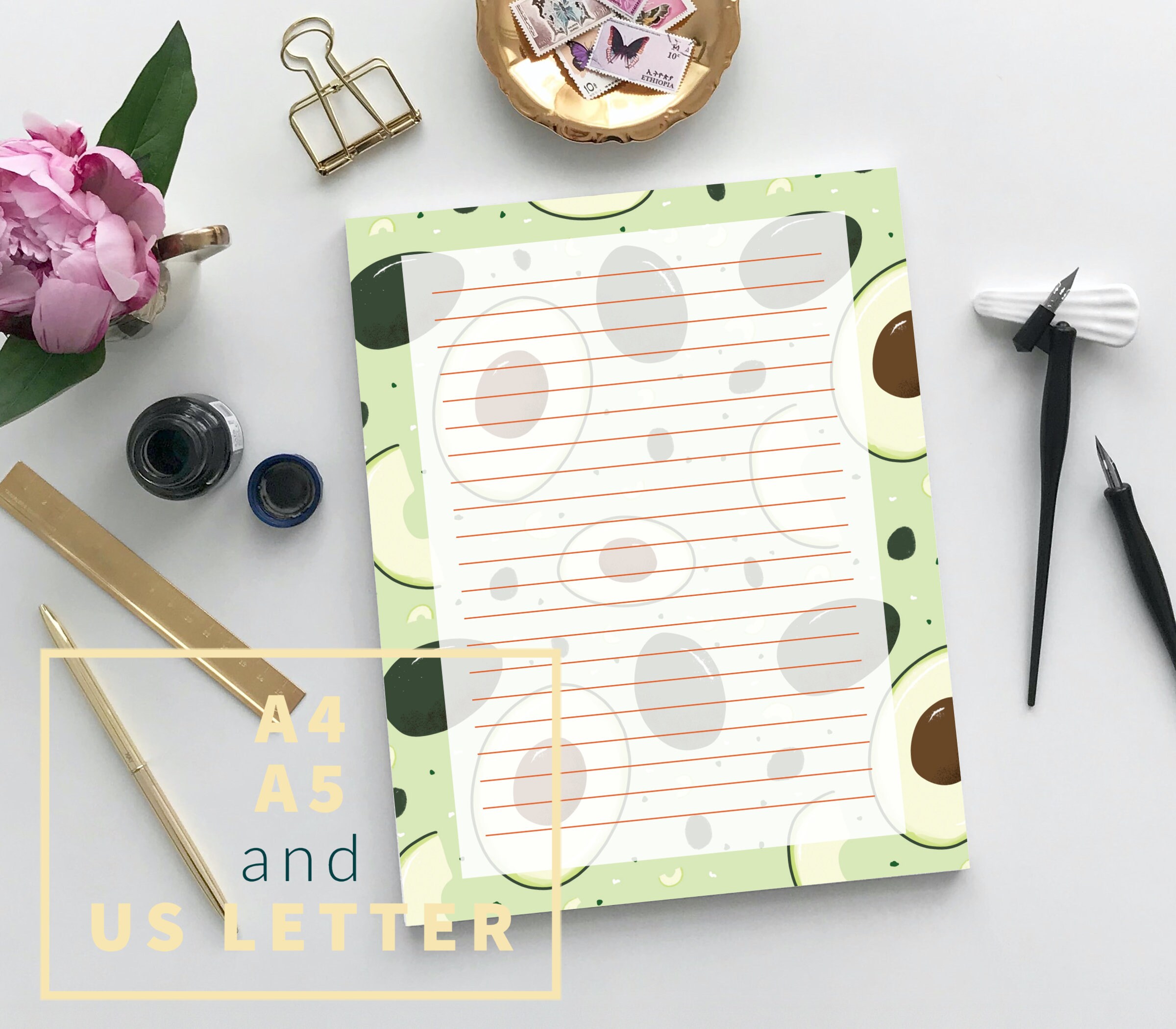 Avocado Printable Letter Writing Paper, Digital Download Fruit Lined ...