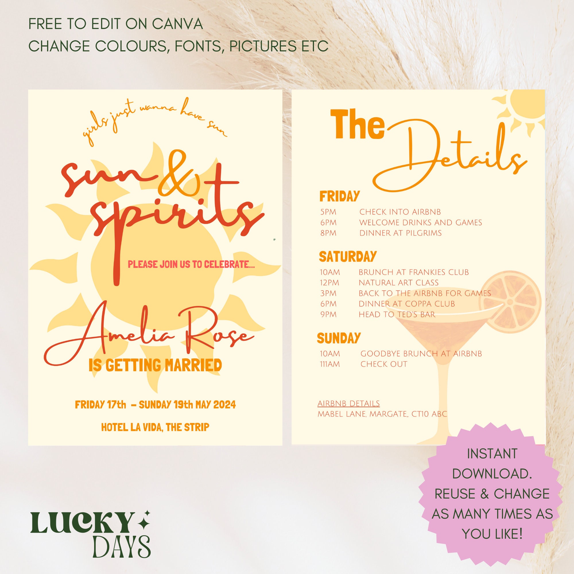 Editable Sun and Spirits Bachelorette Party Invitation and Itinerary ...