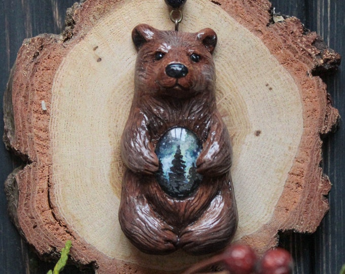 Bear Totem Necklace, Forest Bear Druid Amulet, Aurora Borealis Bear ...
