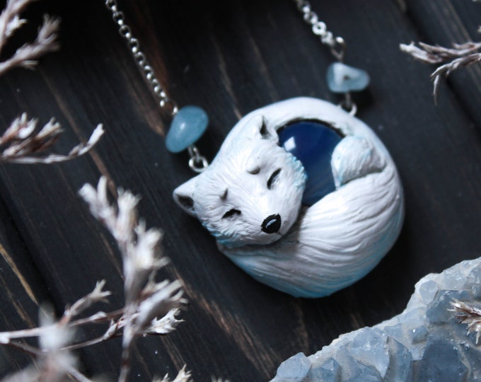 Arctic Fox Amethyst Necklace, Snow Fox Jewelry, Polymer Clay Cute White ...