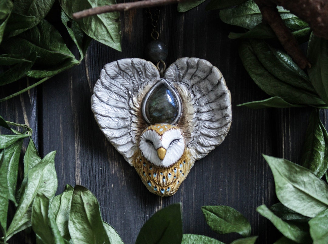 Owl Necklace With Labradorite, Witch Owl Charm, Barn Owl Amulet, Owl ...