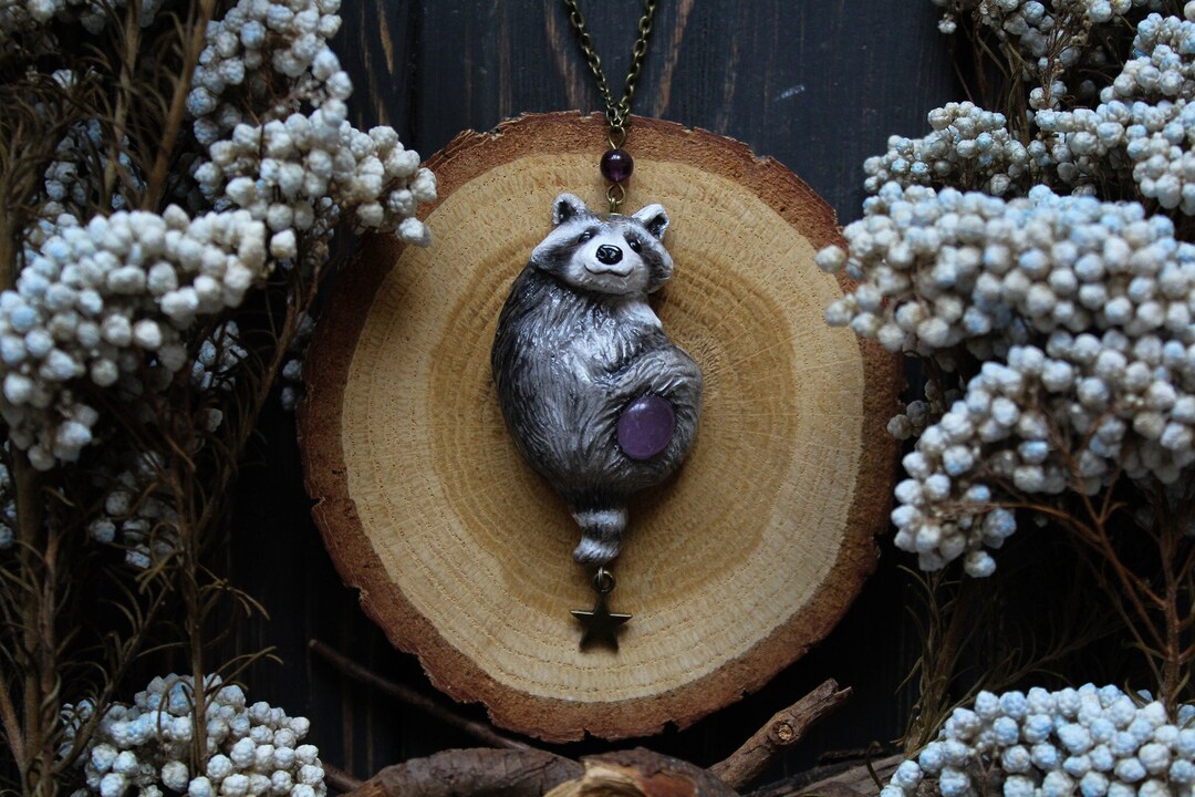 Raccoon Necklace, Chonky Raccoon Moon Pendant, Raccoon Charm, Raccoon ...