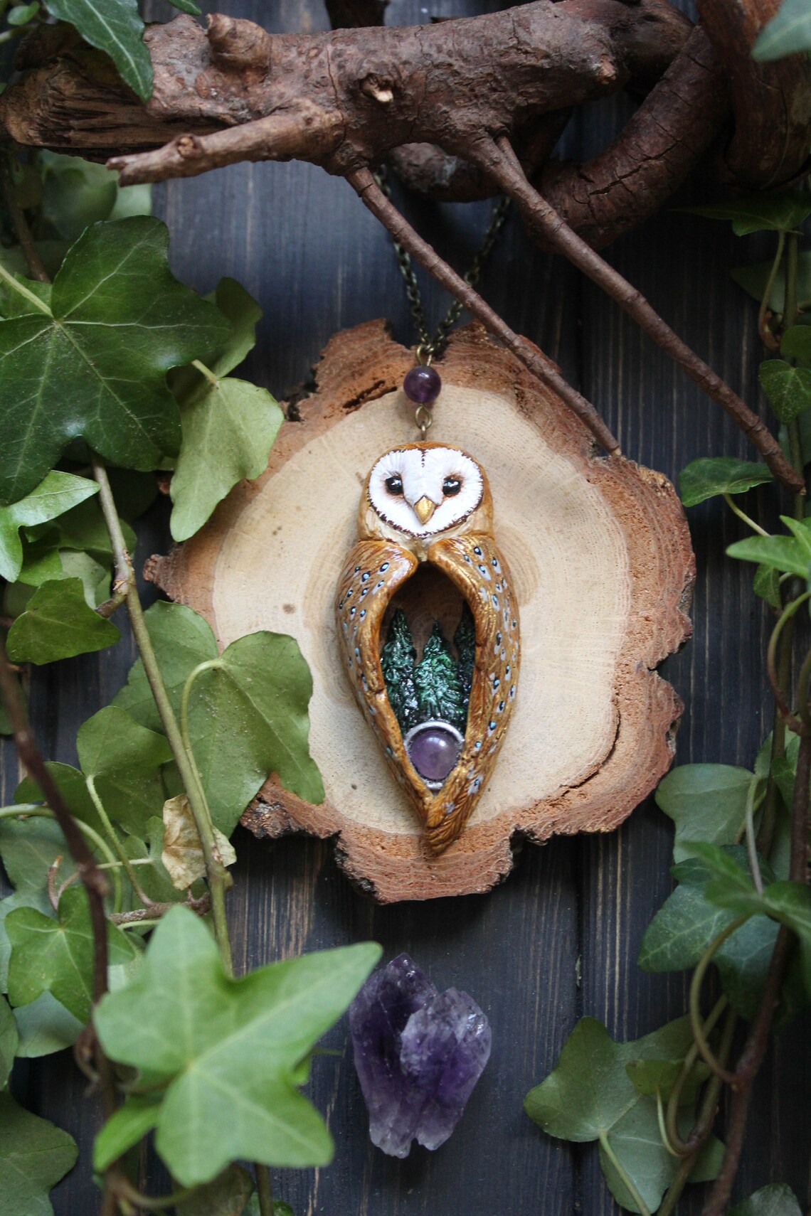 Barn Owl With Amethyst Necklace Barn Owl Charm Witch Mystic - Etsy