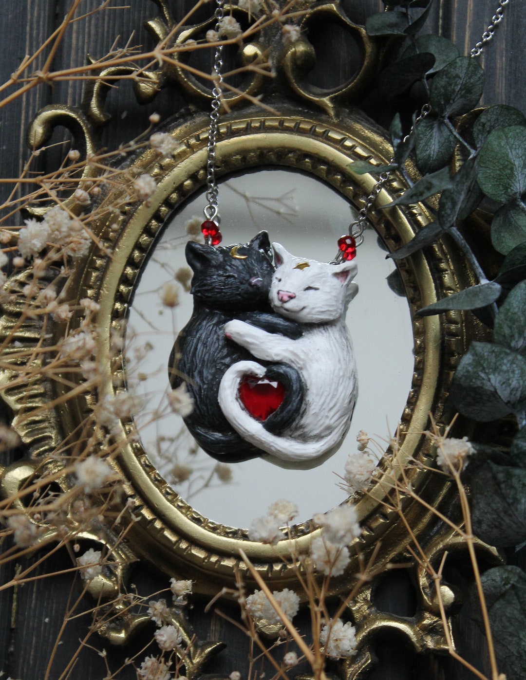 Cat Couple Necklace, Cats Love Pendant, Valentine's Cats Charm, Black ...