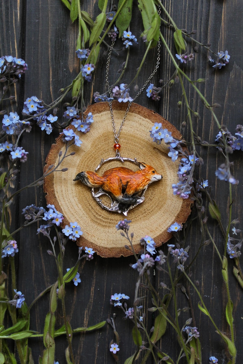 Hand-sculpted Running Fox Necklace: Polymer Clay Pendant, Silver Vine ...