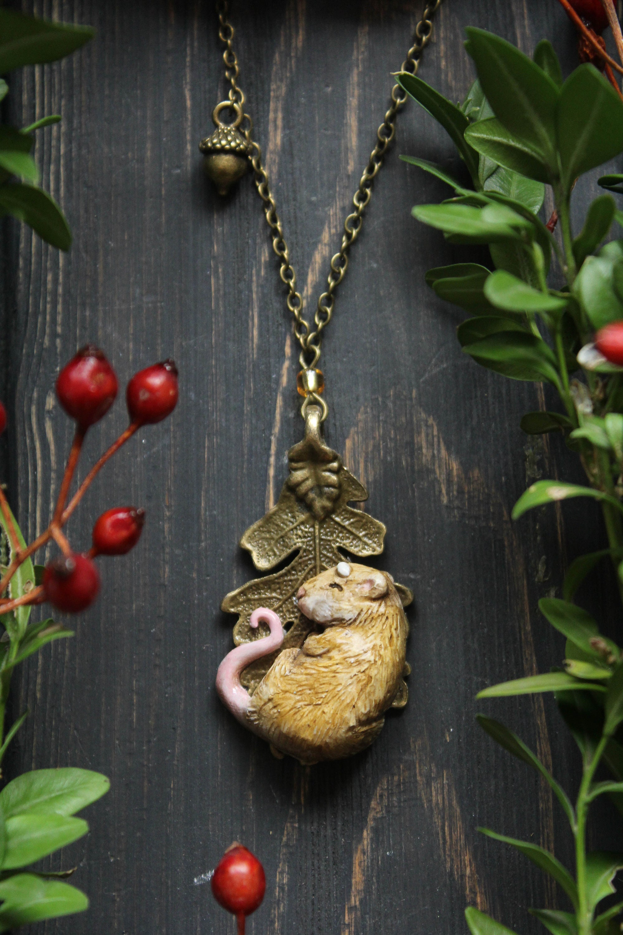 Mouse Oak Leaf Necklace Vole Charm Rat Jewelry Mouse Totem - Etsy