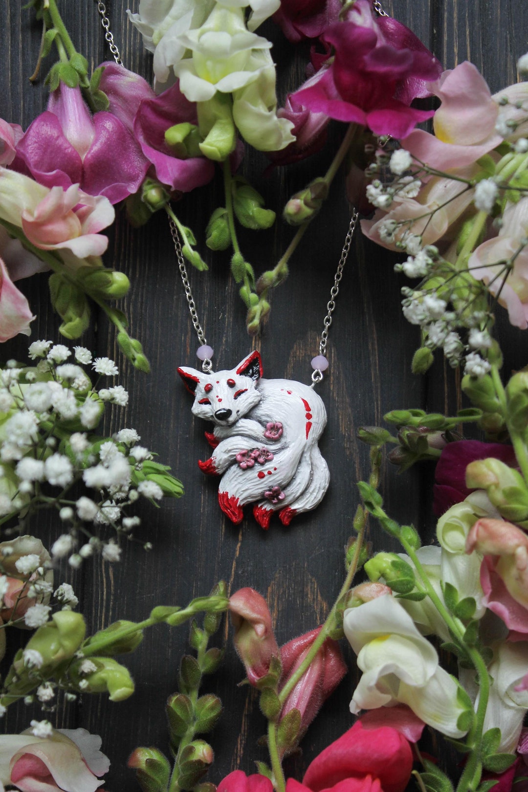 White Fox Necklace, Blooming Kitsune Fox Jewelry, Nine-tailed Fox ...