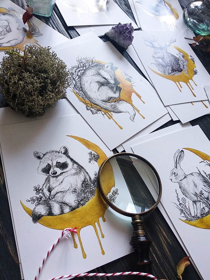 Forest Animals Crescent Moon Set of 8 Art Prints A6 Woodland - Etsy