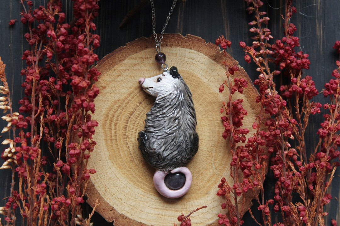 Possum Necklace: Polymer Clay Opossum Pendant With Amethyst - Etsy