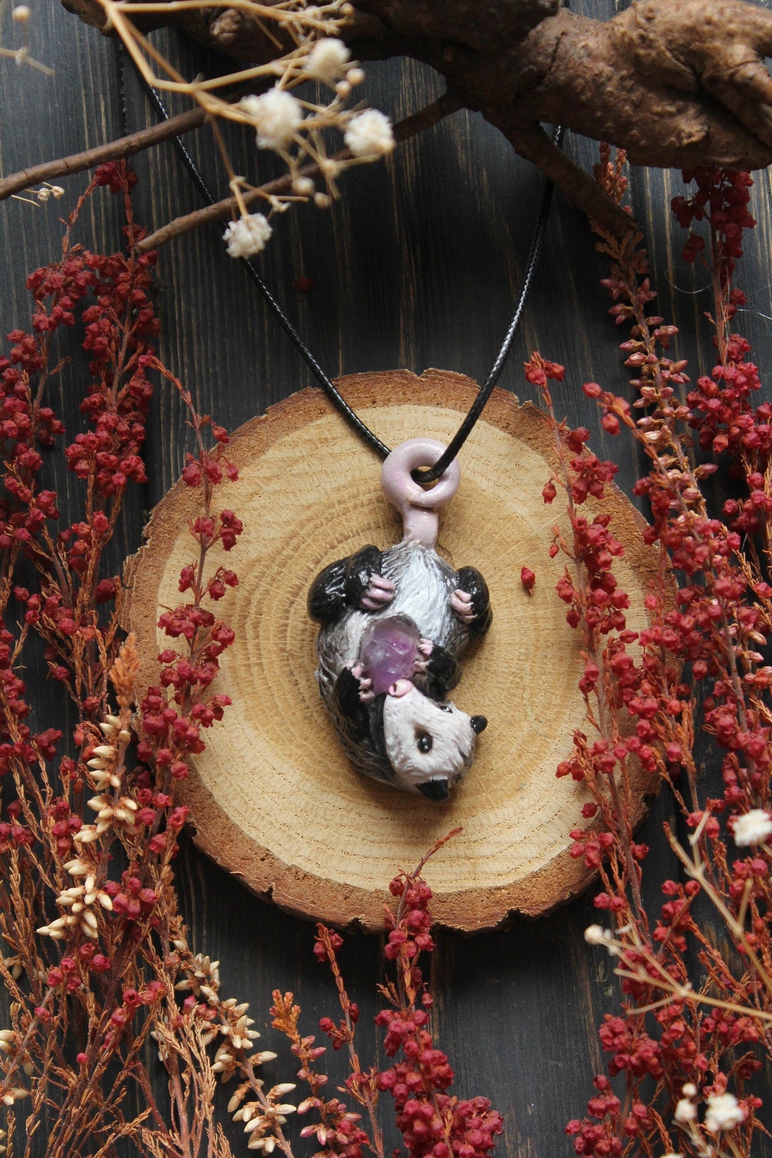 Possum Necklace: Polymer Clay Opossum Pendant With Amethyst - Etsy