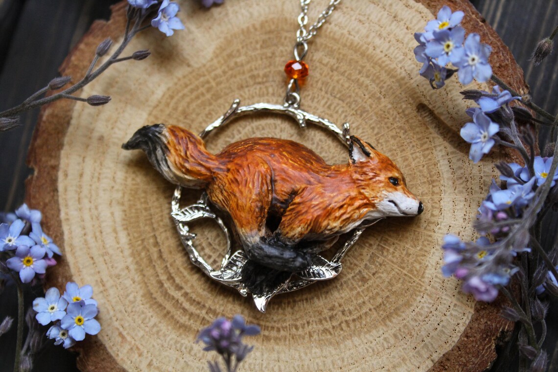 Hand-sculpted Running Fox Necklace: Polymer Clay Pendant, Silver Vine ...