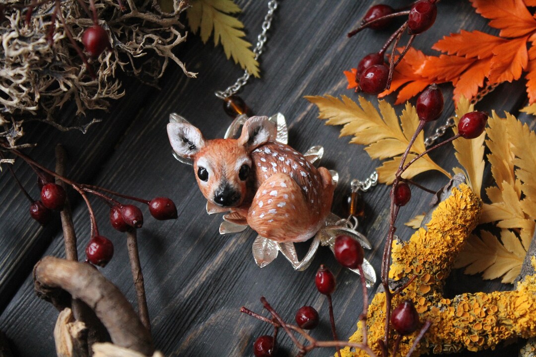 Handmade Fawn Necklace: Polymer Clay Deer Pendant, Woodland Jewelry - Etsy