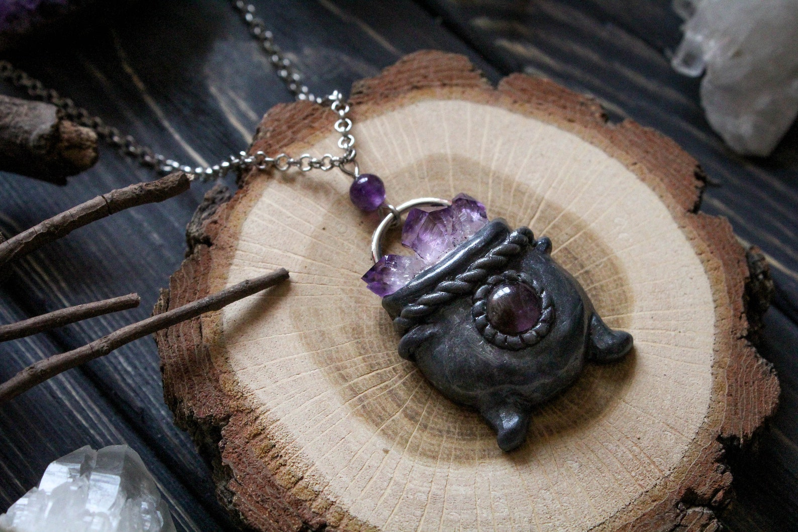 Witch Cauldron Amethyst Necklace Wizard Cauldron Charm - Etsy