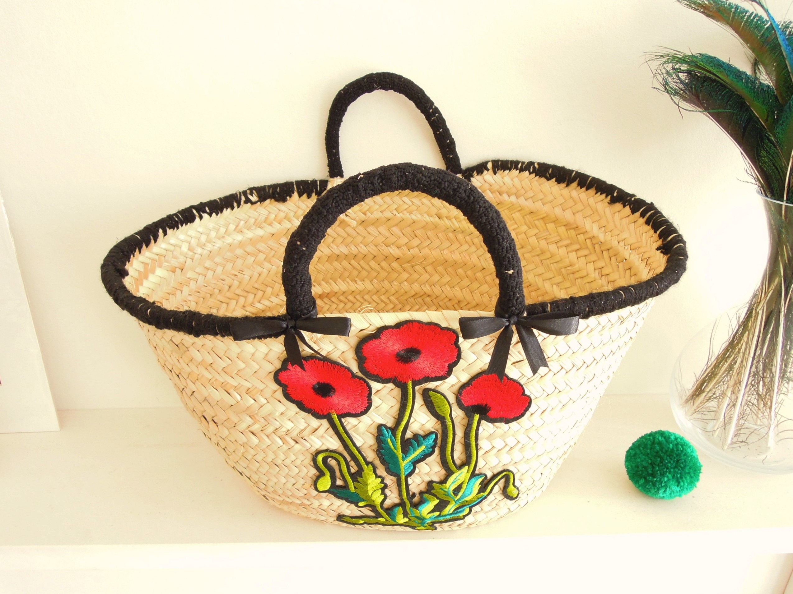 Small straw bag tote Red Poppies woven basket Summer | Etsy