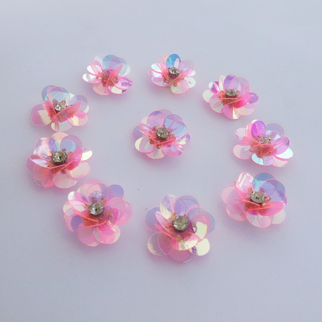 10 AB PINK Sequin Flower Appliques With Rhinestone Center - Etsy UK