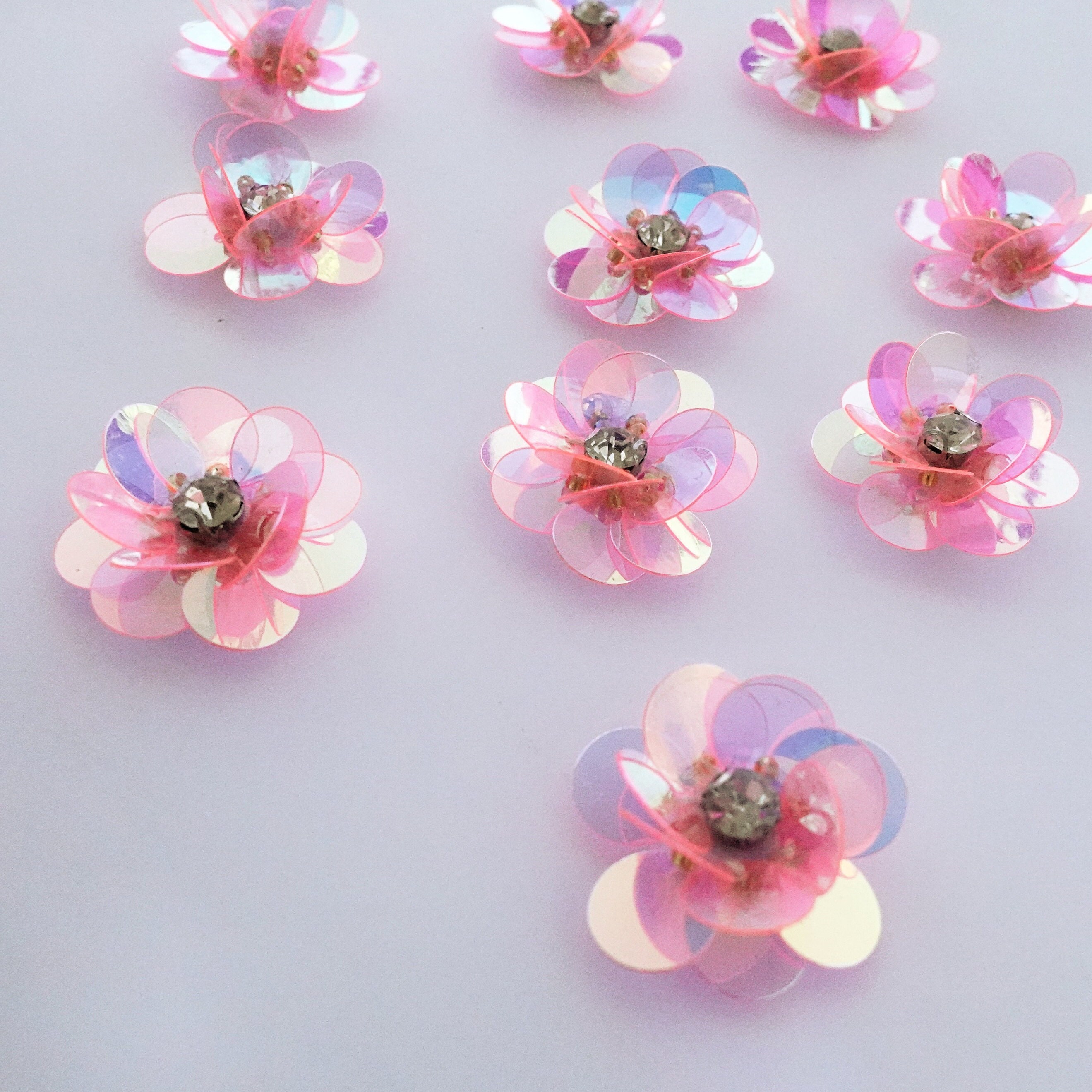 10 AB PINK Sequin Flower Appliques With Rhinestone Center - Etsy UK