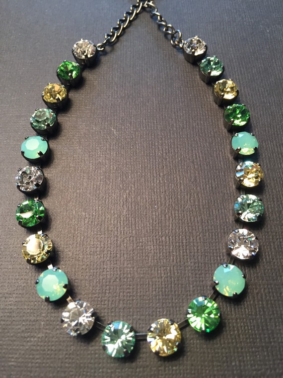 Green Silver Chain Crystal Necklace Peridot Clear Jonquil - Etsy