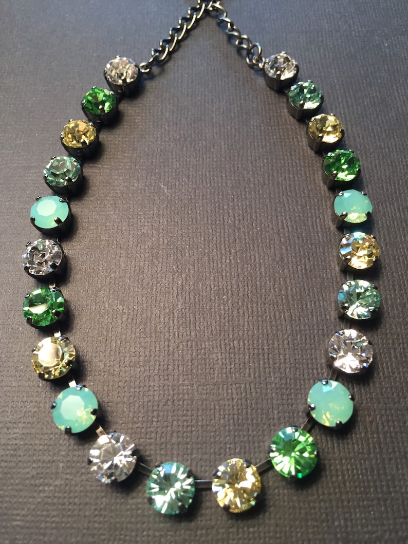 Green Silver Chain Crystal Necklace - Peridot, Clear, Jonquil ...