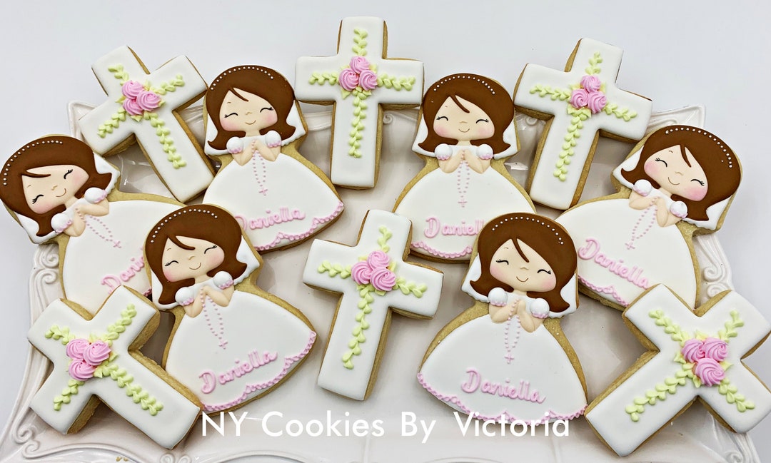 Custom " Short Hair" First Communion Girl Cookie AND Rosette Cross ...
