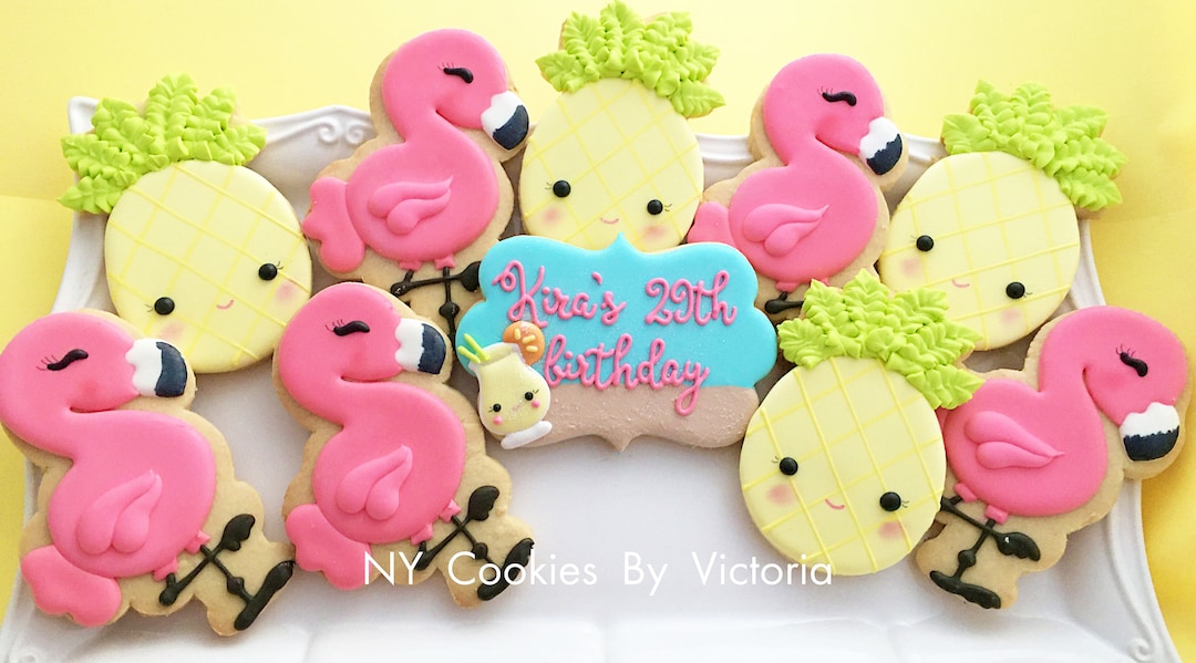 Super Cute Flamingo Birthday Party Cookies; Flamingo Cookies, Pineapple ...