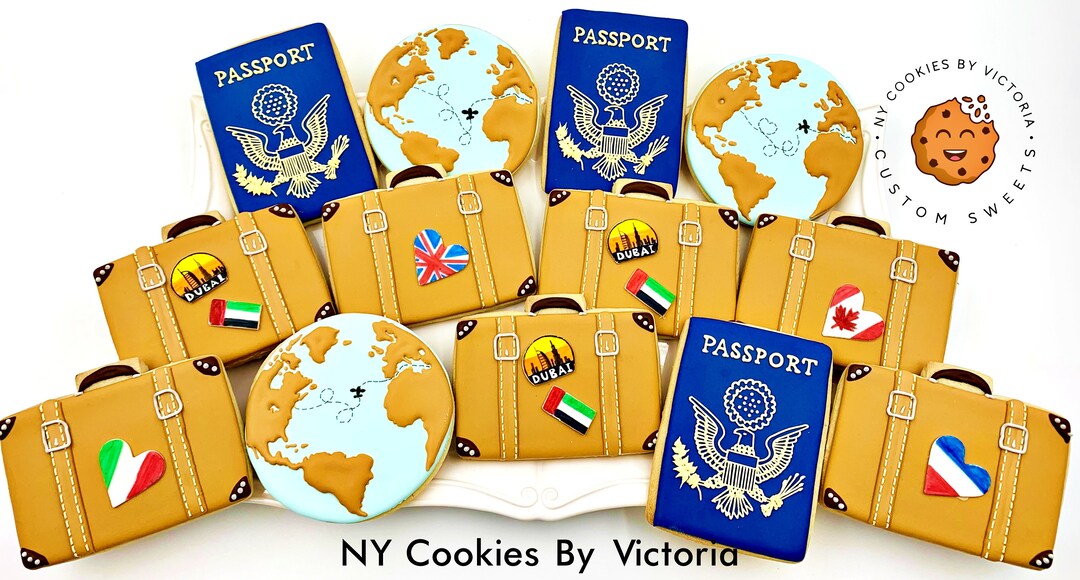 Travel Theme Cookies - Vintage Suitcase Cookie, Passport and World Map ...