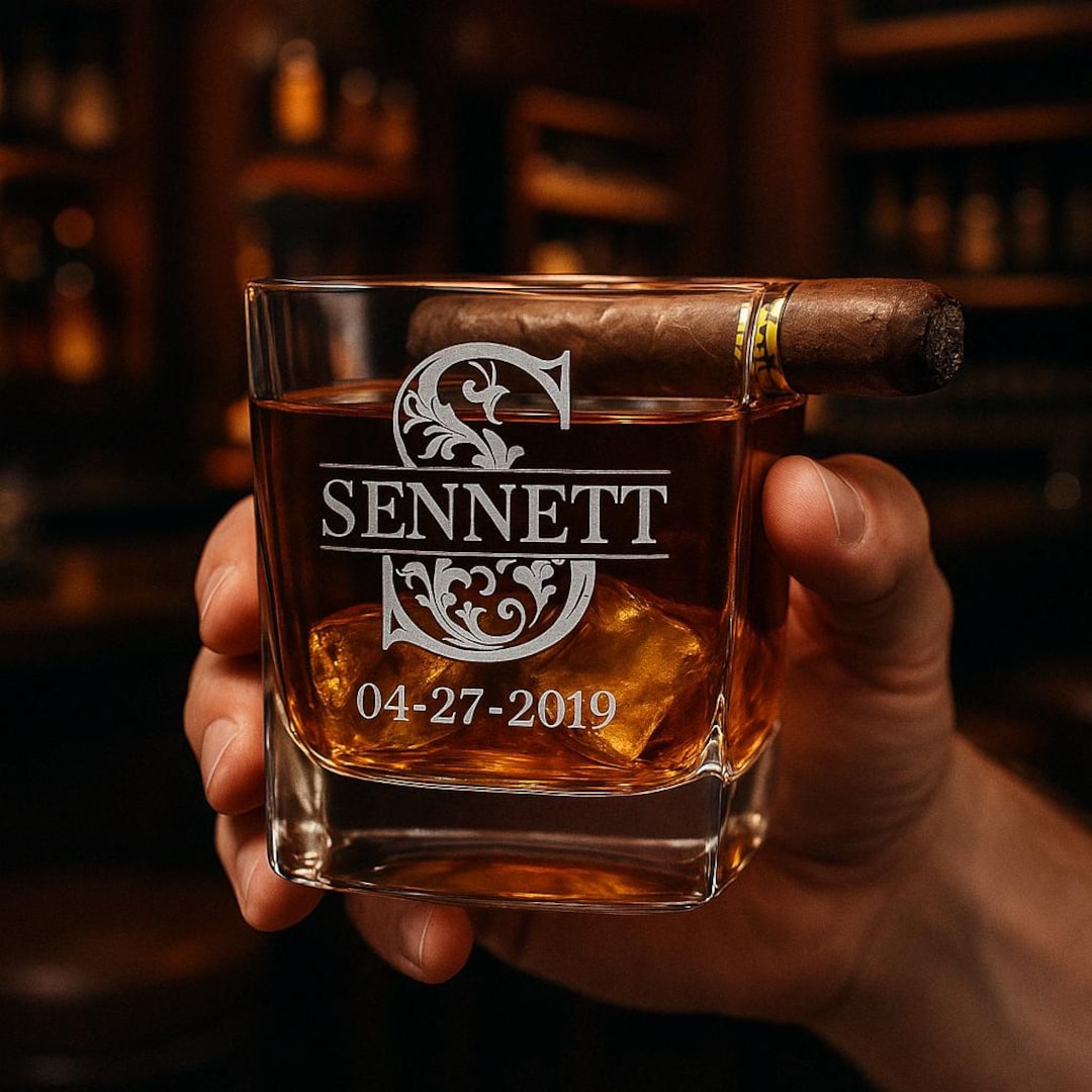 Custom Engraved Whiskey Glass With Cigar Holder for Him, Personalized ...