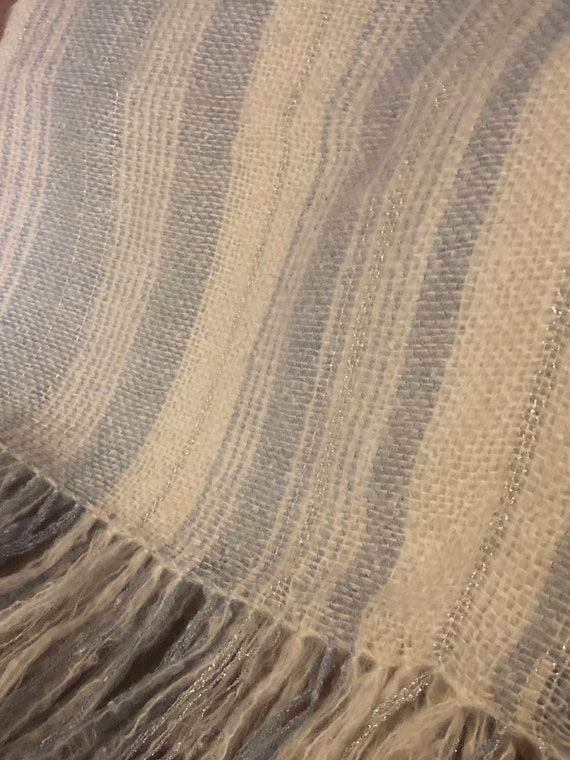 Handwoven Mohair Snow White Shawl with Powder Blue an… - Gem