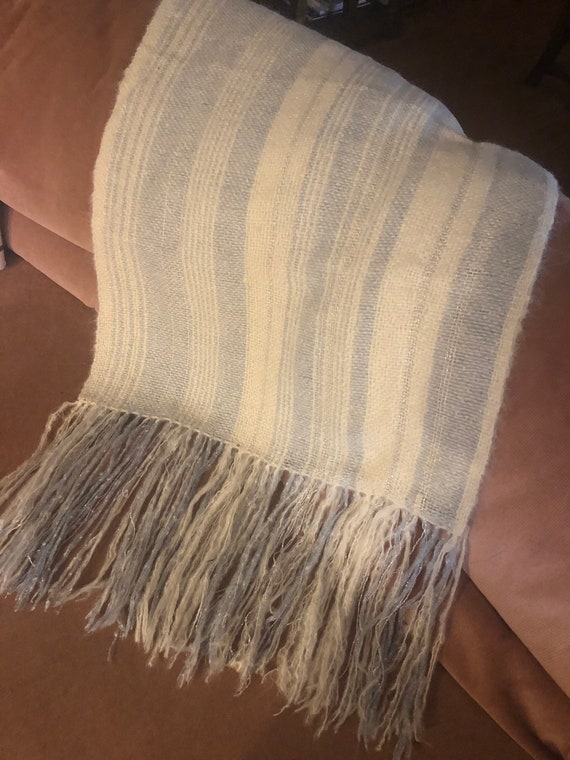 Handwoven Mohair Snow White Shawl with Powder Blue an… - Gem