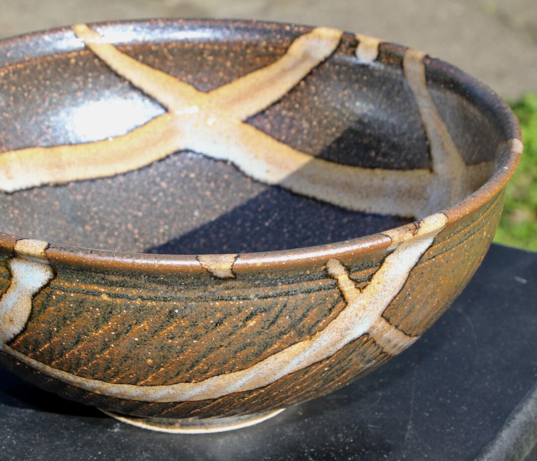 Brown Bowl With Lines– 9 Inch Serving Bowl - Etsy