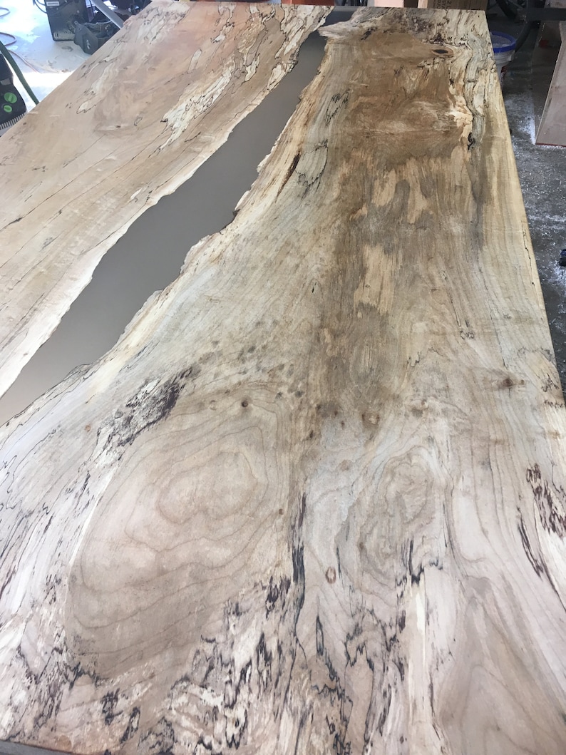 Live Edge Epoxy River Spalted Maple Dining Table With Grey Epoxy River ...