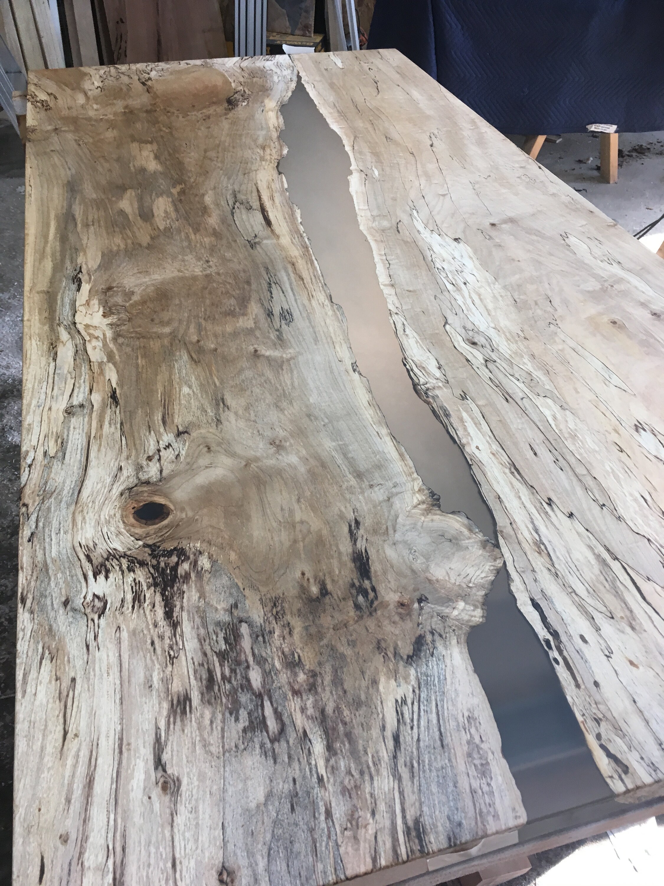 Live Edge Epoxy River Spalted Maple Dining Table With Grey Epoxy River ...