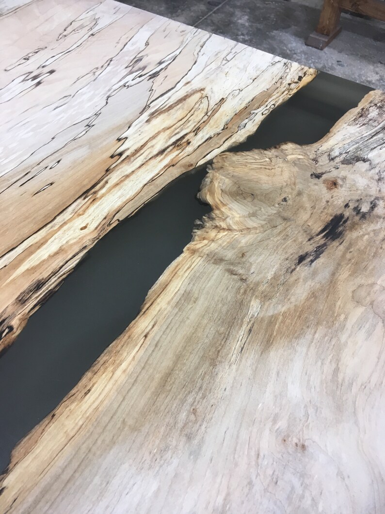 Live Edge Epoxy River Spalted Maple Dining Table With Grey Epoxy River ...