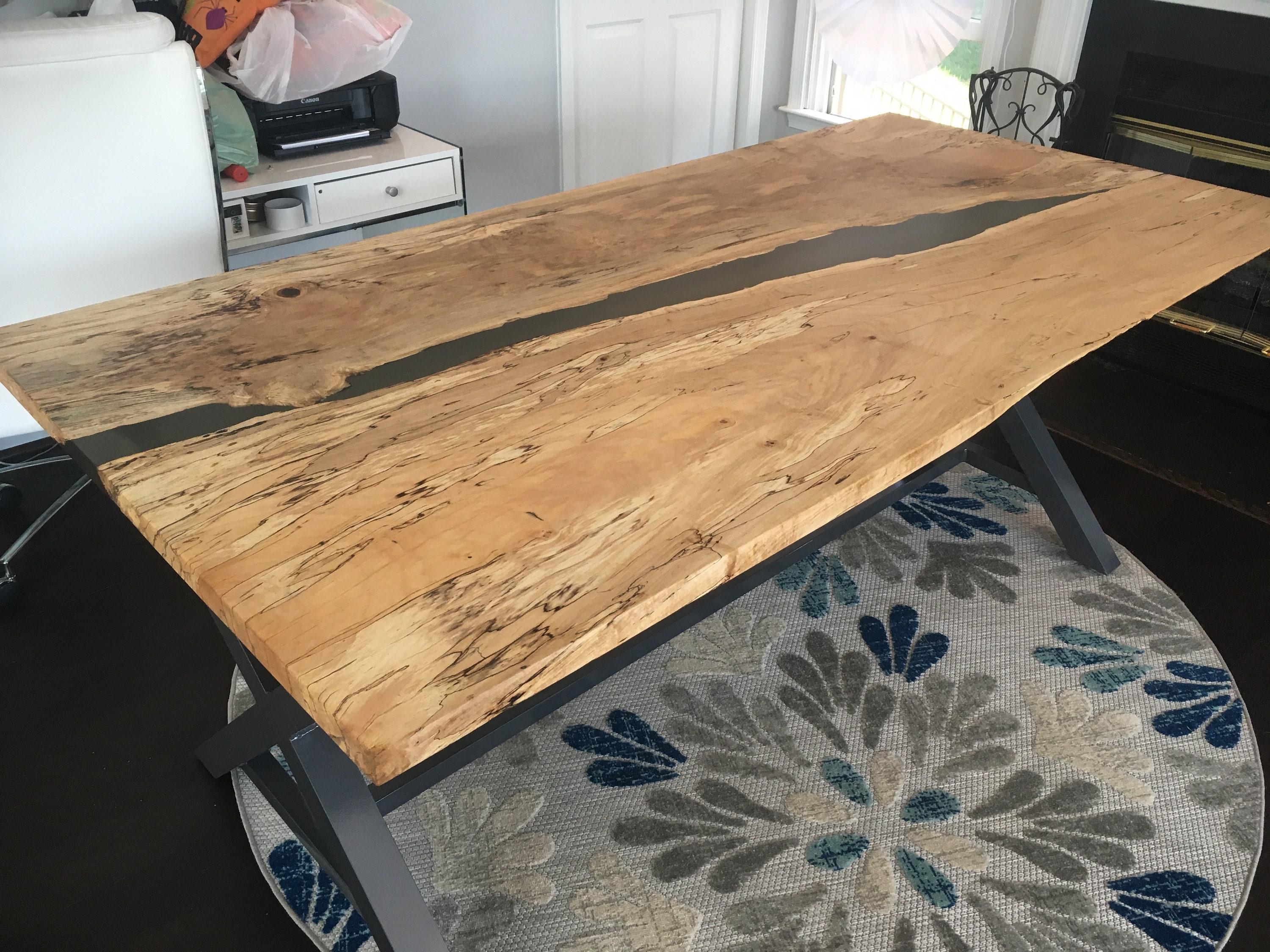 Live Edge Epoxy River Spalted Maple Dining Table With Grey Epoxy River ...