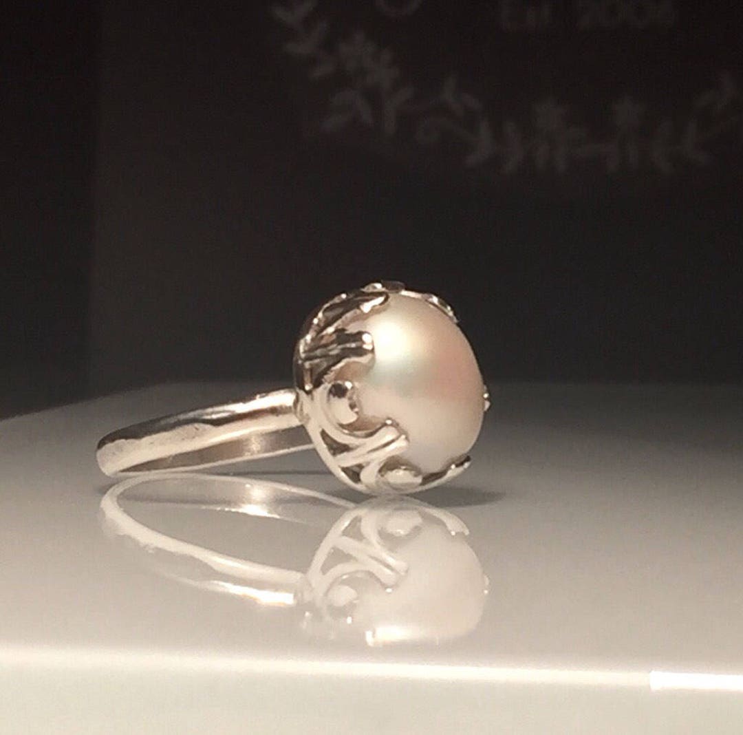 Crown Pearl Ring/natural White Pearl Ring/solitare Pearl Ring./handmade ...