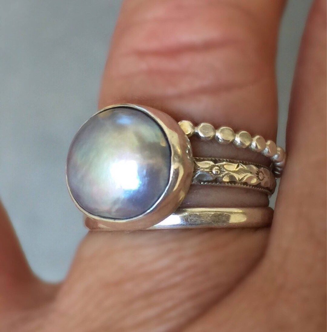 Silver Pearl Ring/grey Blue Pearl Ring/solitare Pearl Ring/round Pearl ...