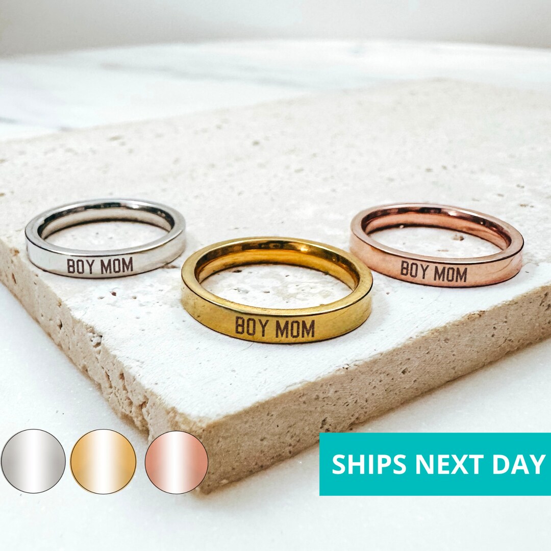 Boy Mom Dainty Engraved Ring 14k Gold Plated Stainless Steel Mom ...