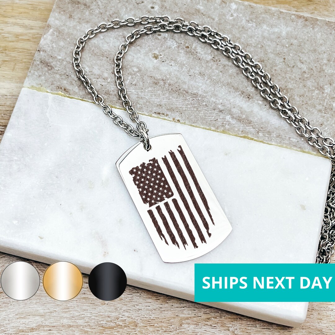 Distressed American Flag Men's Necklace 14k Gold Plated Stainless Steel ...