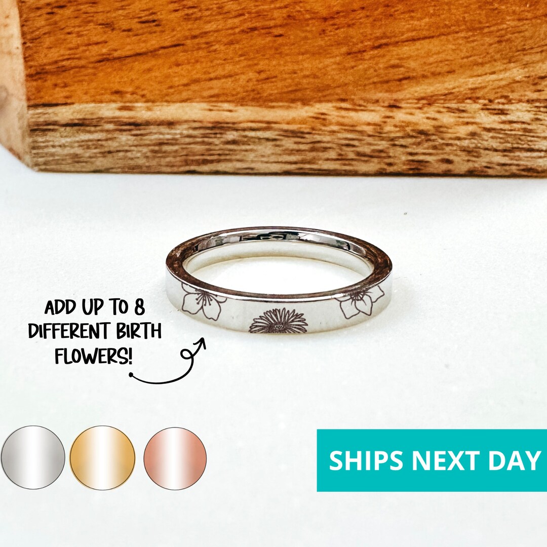 Combined Birth Flower Bud Engraved Ring 14k Gold Plated Stainless Steel ...