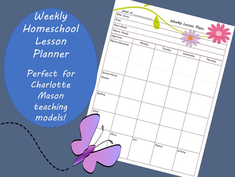 Charlotte Mason Style Weekly Lesson Planner, 4 Day Homeschool Planner ...