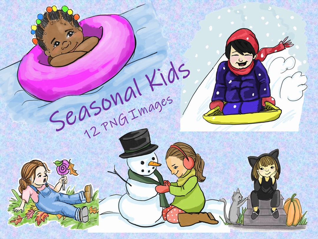 Kids Clip Art, Seasons Bundle, Digital Art Printable, Kids Winter ...