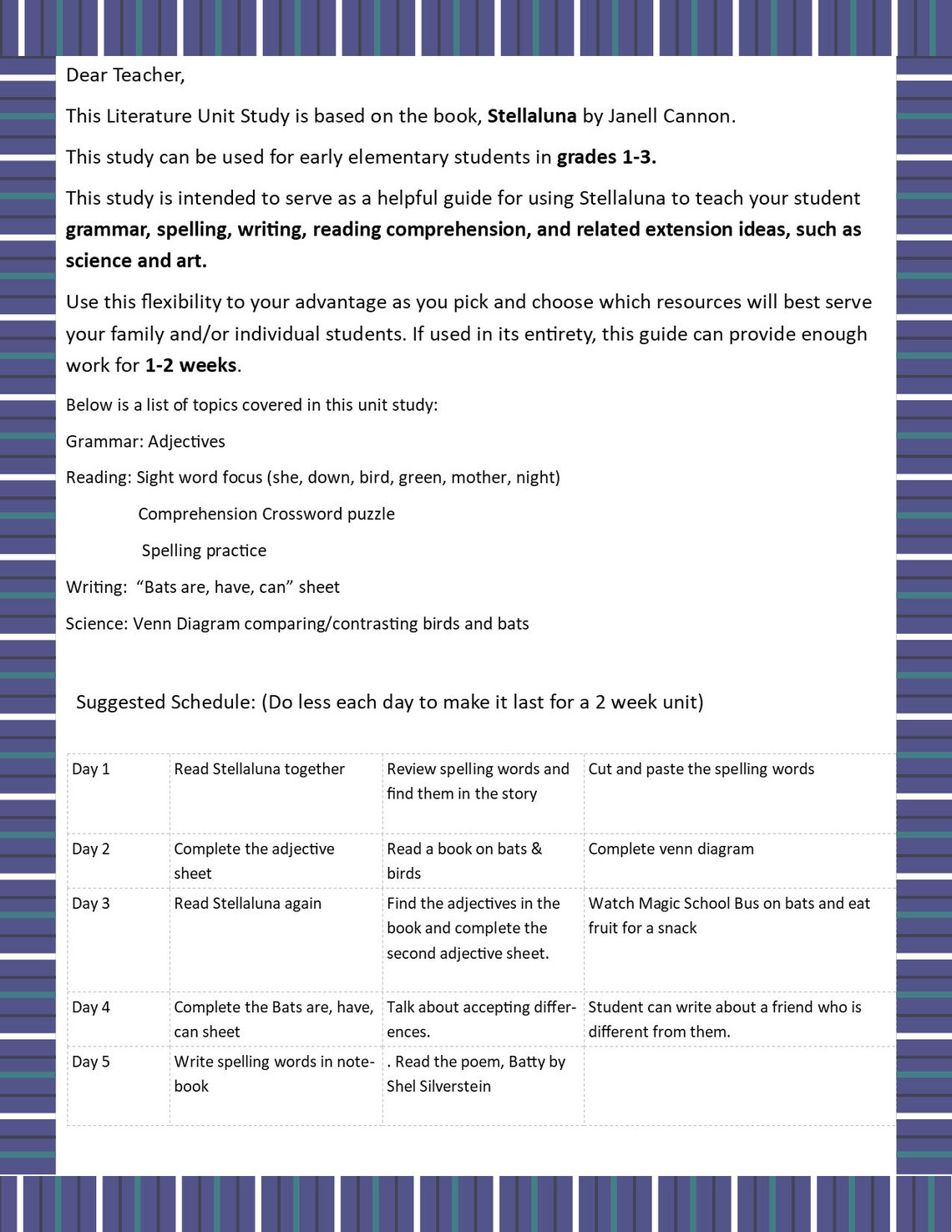 Homeschool Literature Unit Study, Stellaluna Reading Guide, ELA Lesson ...