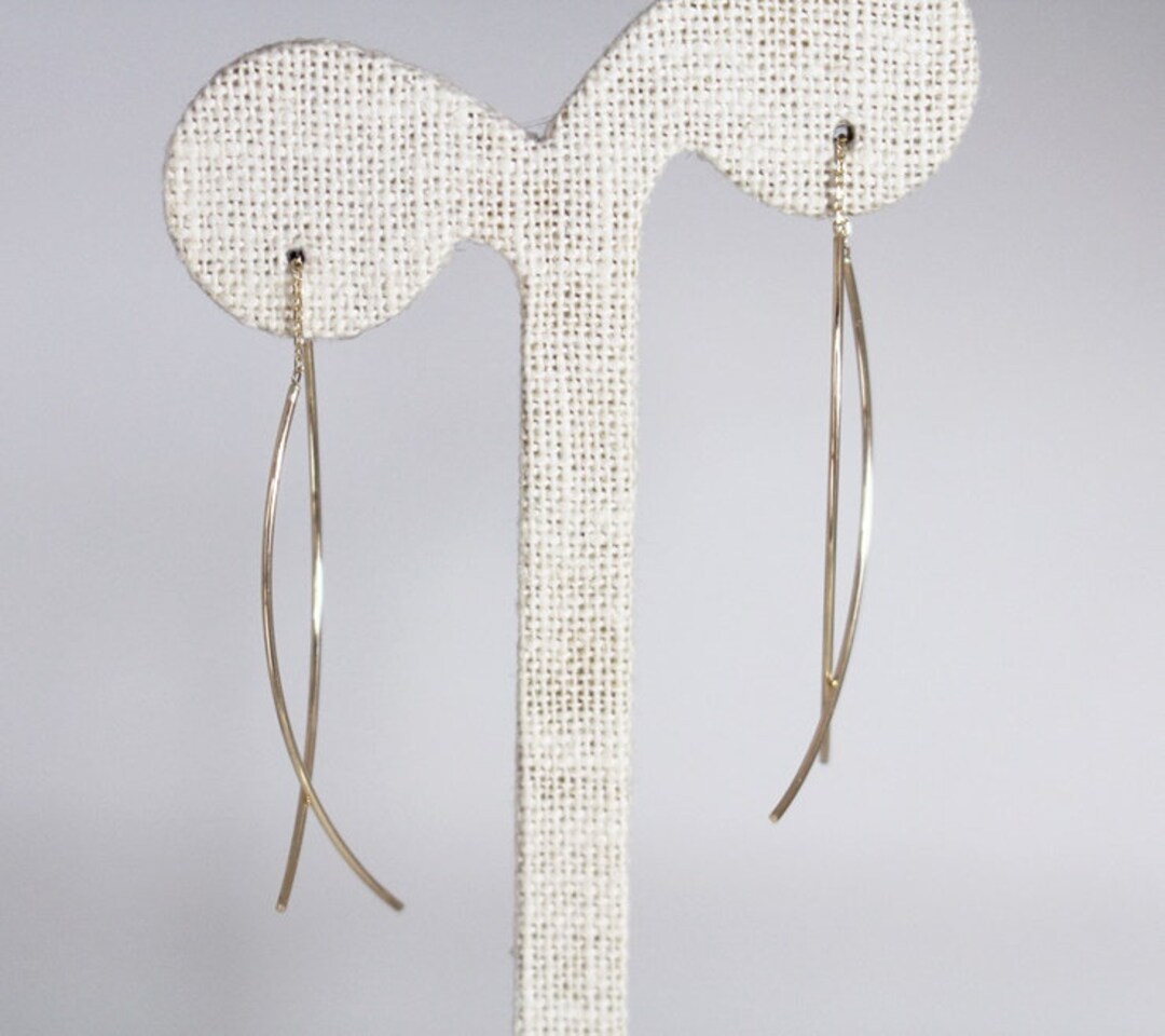 14K Solid Gold Curve Stick Drop Earrings, 14K Stick Thread Earrings ...