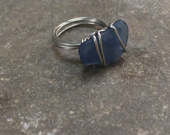 Ocean Blue Sea Glass Ring: Silver Wire Wrapped Turquoise Blue Beach ...