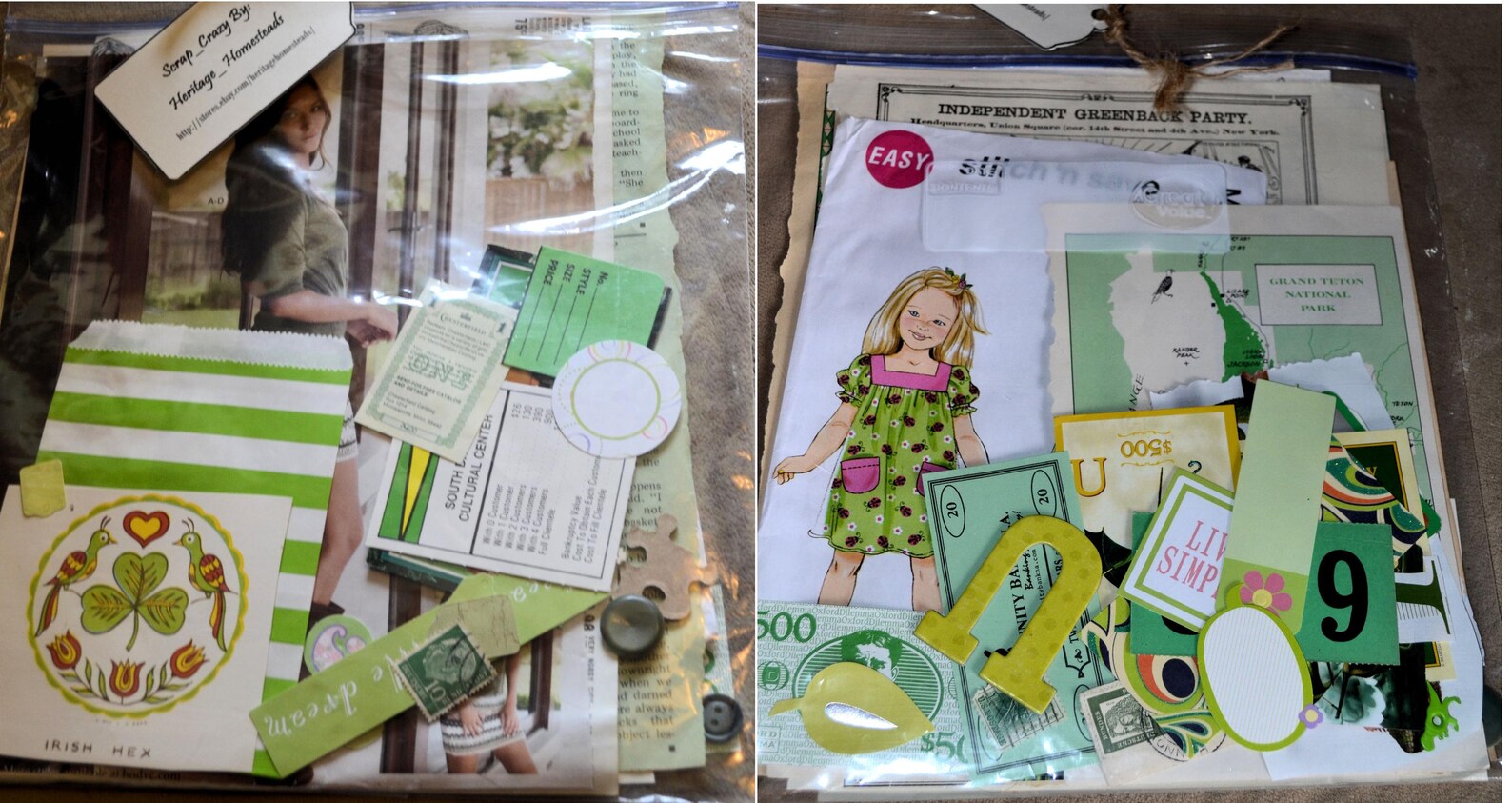 Grab Bag GREEN Theme Ephemera, Scrapbook, Mixed Media Art, Collage 60 ...