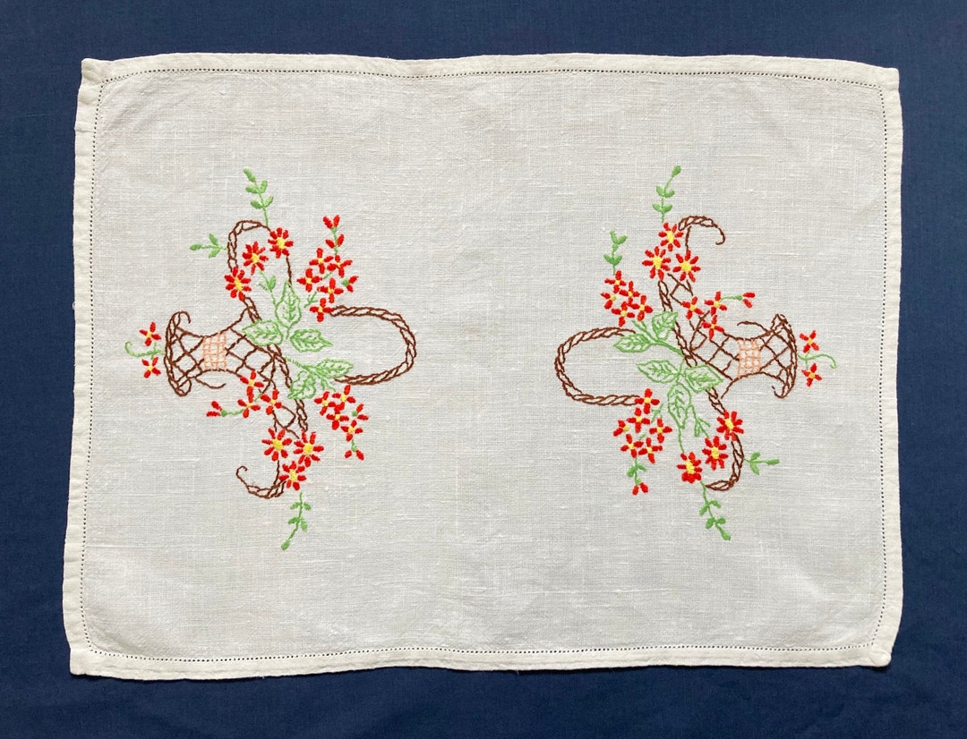 Vintage Linen Tray Cloth / Table Mat Hand Embroidered Flower Basket ...