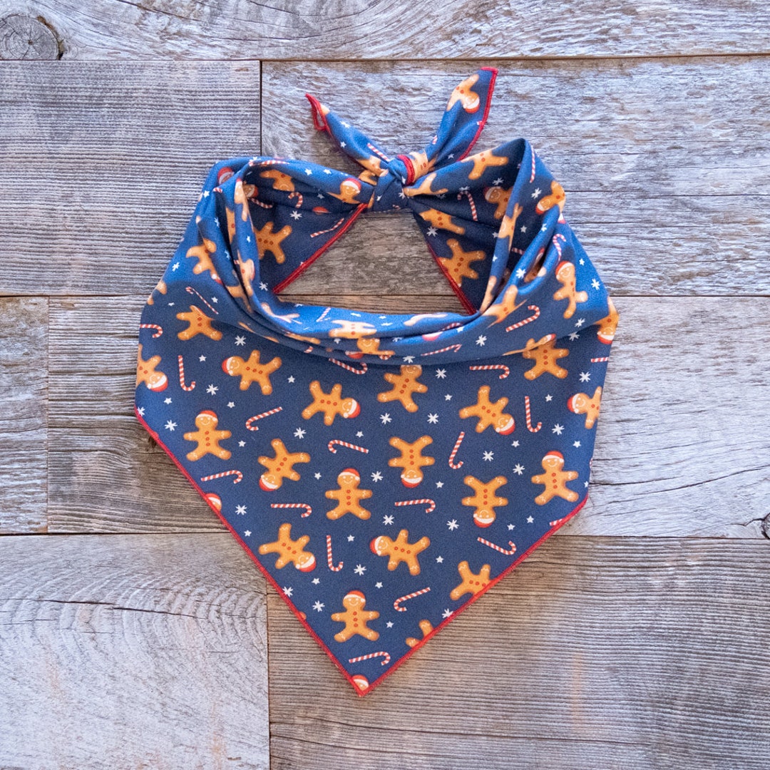 Blue Gingerbread Man & Candy Canes Dog Bandana, Christmas Dog Bandana ...